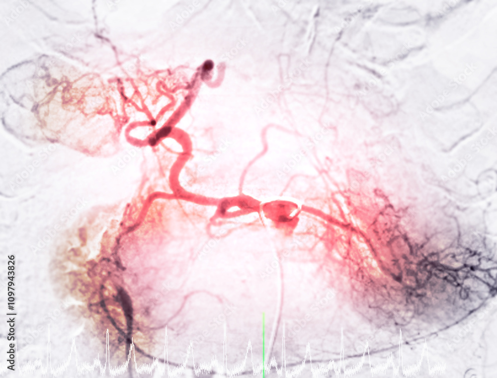 The angiographic view of the hepatic artery during embolization. The ...