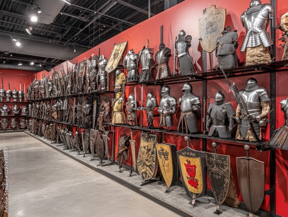 Medieval armor and weaponry displays featuring suits of armor, swords ...