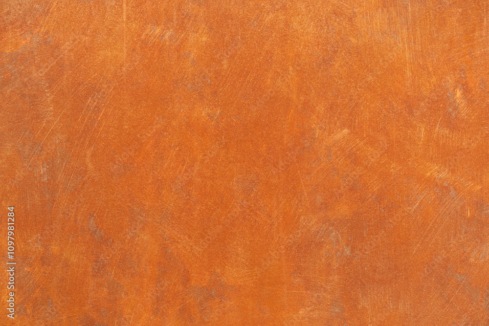 orange rust stains on weathered steel plate or top view yellow iron table and old brown metal ...