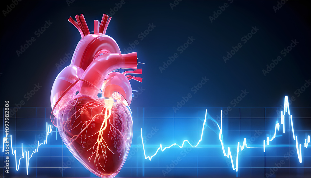 Heart anatomy glowing model with ecg cardiogram pulse line Medical ...