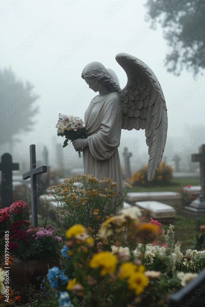Marble statue of grieving angel, memorial monument slab on cemetery ...