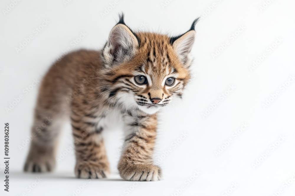 the beside view baby Lynx rufus standing, left side view, low angle ...