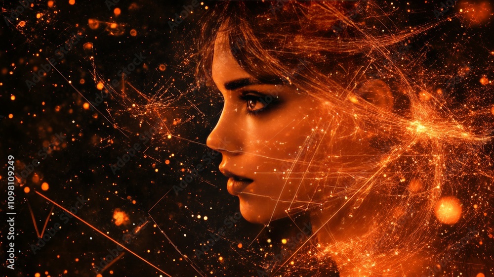 Abstract profile of a woman’s face with golden glowing particles and ...