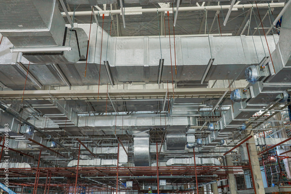 Air conditioning and ventilation system work, duct pipes covered with ...