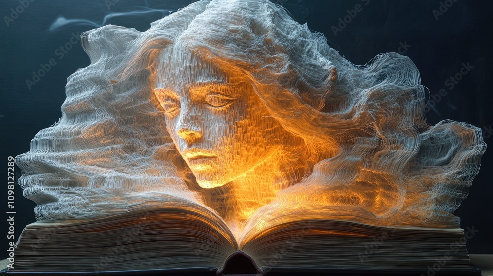 Illuminated female face emerging from an open book, surrounded by ...