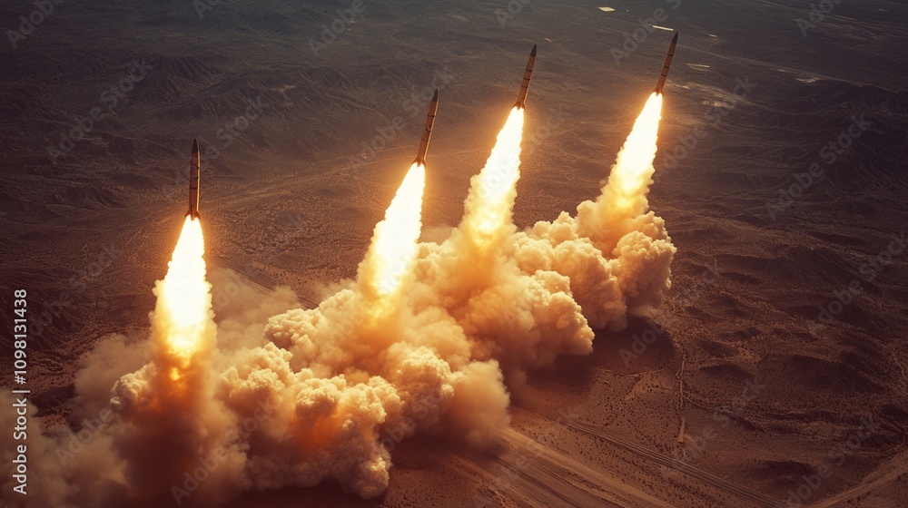 Missile Launch in Desert, A dramatic aerial perspective of missiles ...