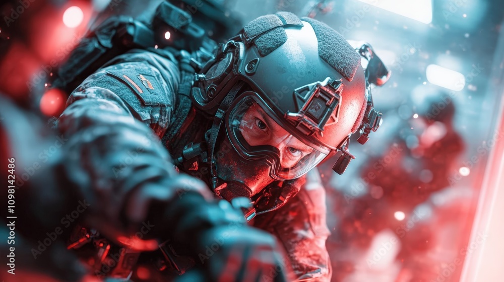 Military personnel engage in tactical training with advanced gear in a ...