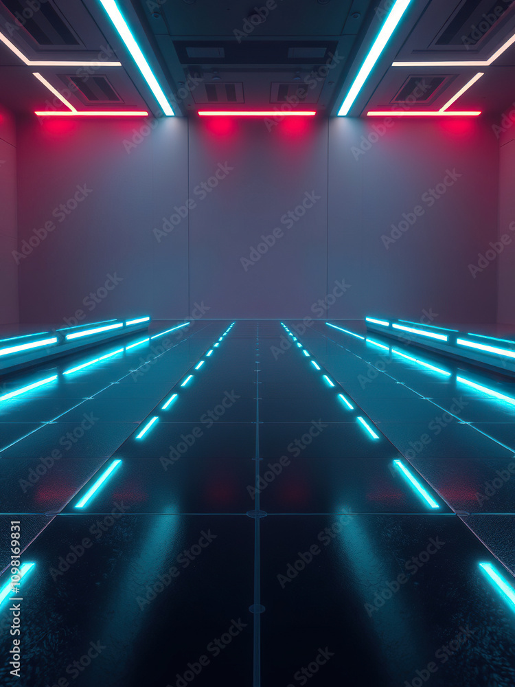 Teal LED lights cast an ethereal glow on a futuristic floor, modern ...