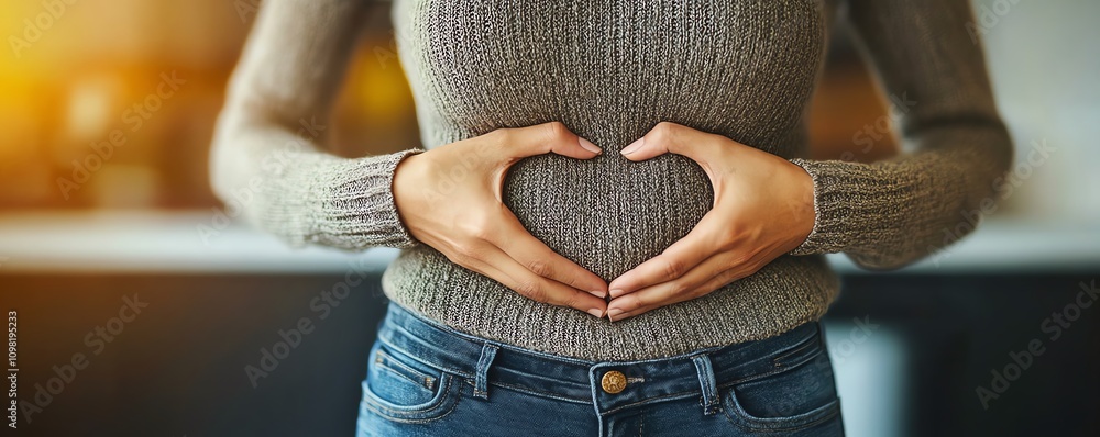 Woman s hands making heart shape on her stomach, gut health, microbiome ...