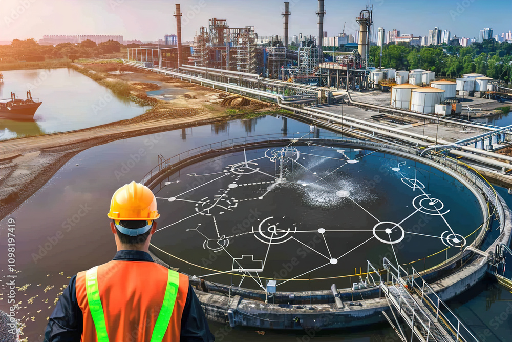 Smart water management technician monitoring water usage in buildings ...