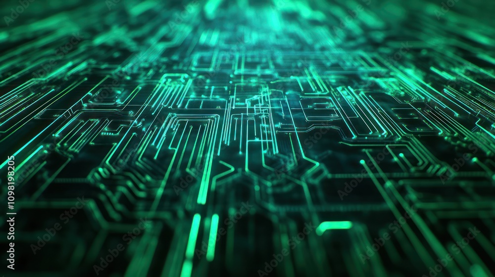 Abstract digital circuit pattern in green tones, representing ...
