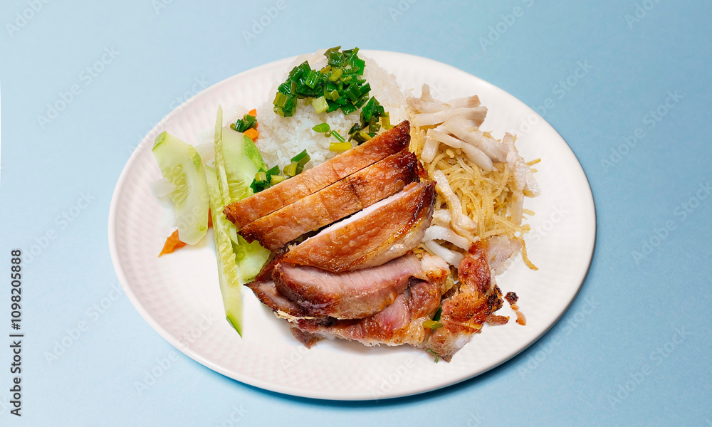 Com tam suon bi cha. Broken rice with grilled pork chop, meatloaf and ...