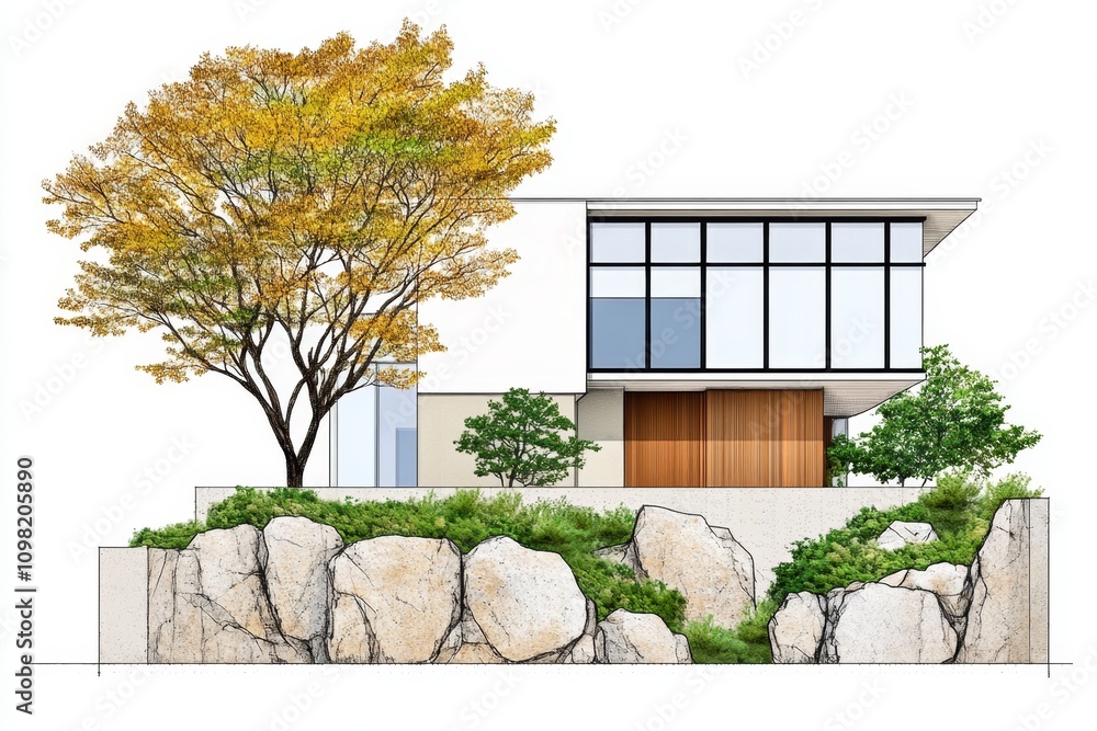 Simplified 2D elevation drawing of a house, with color-coded sections ...
