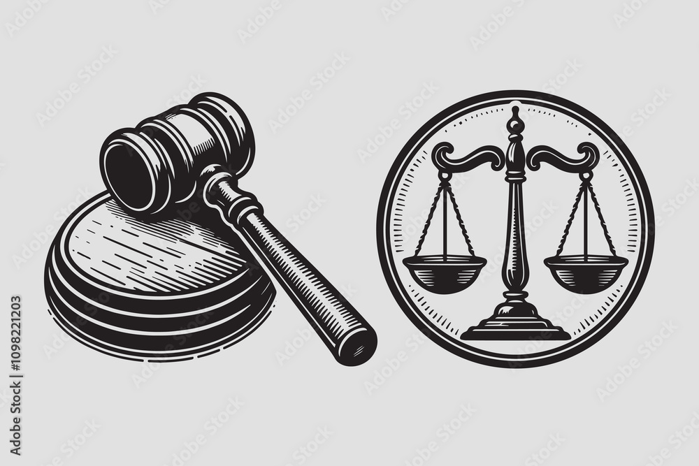 Judge's gavel and scales of justice emblem. set. Vintage black vector ...