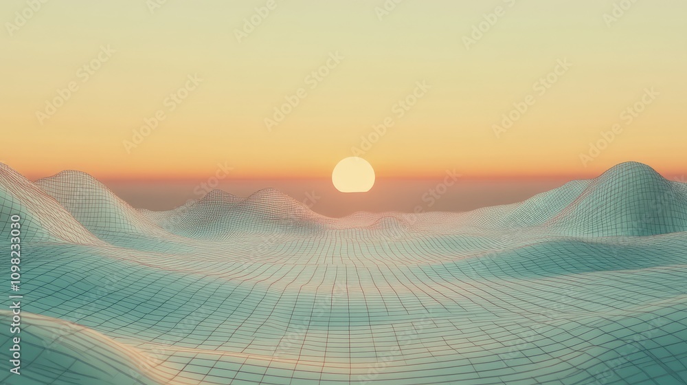 Minimalist wireframe landscape with grid lines, visualizing data flow ...