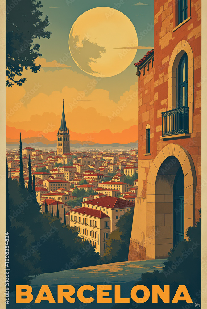 Art Deco Style Travel Poster of Barcelona Featuring Iconic Landmarks ...
