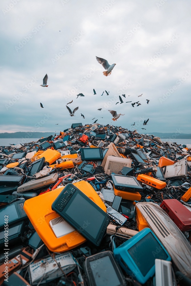Electronic waste landfill with seagulls flying above mountains of ...