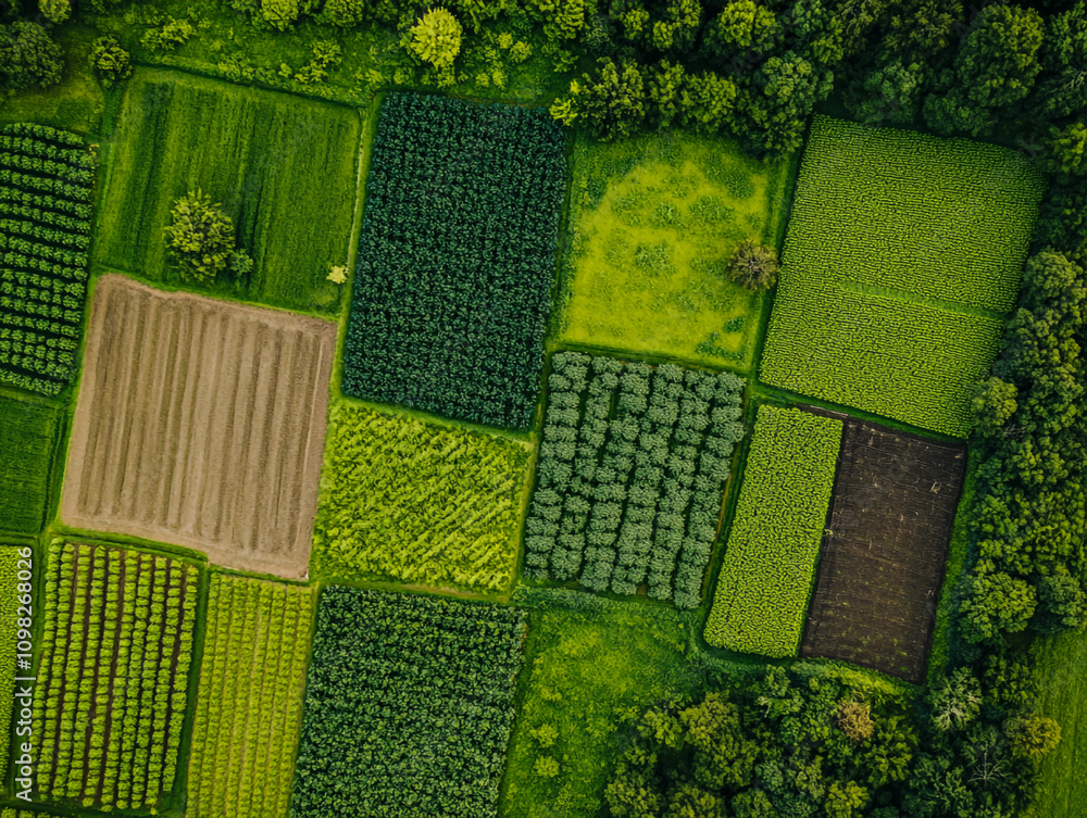 Aerial view of green farm fields with rows of crops, top down ...