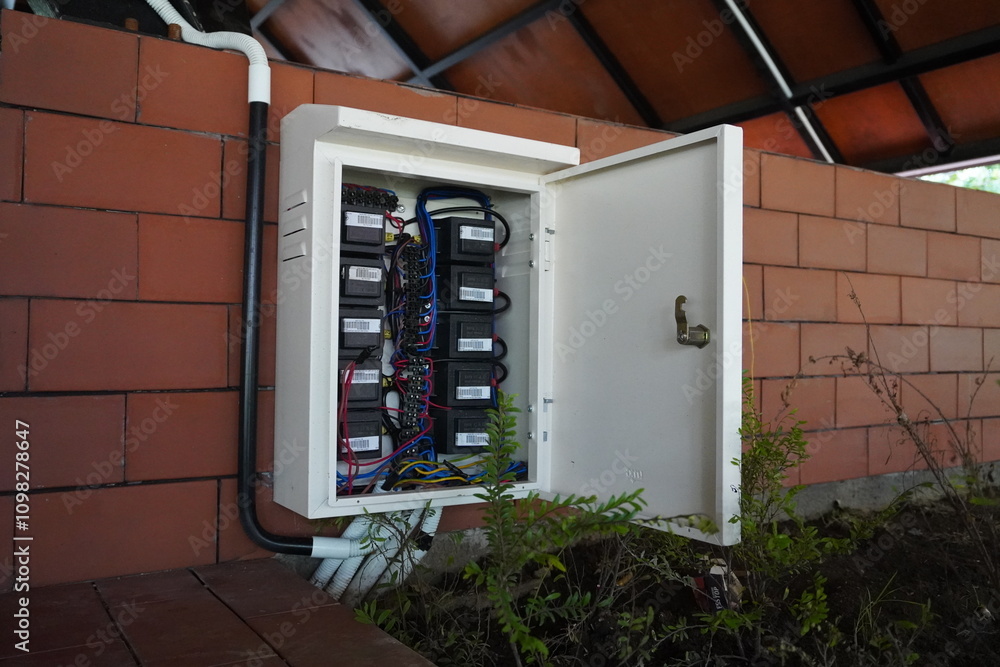 An electrical box that is open and attached to the red brick of a ...