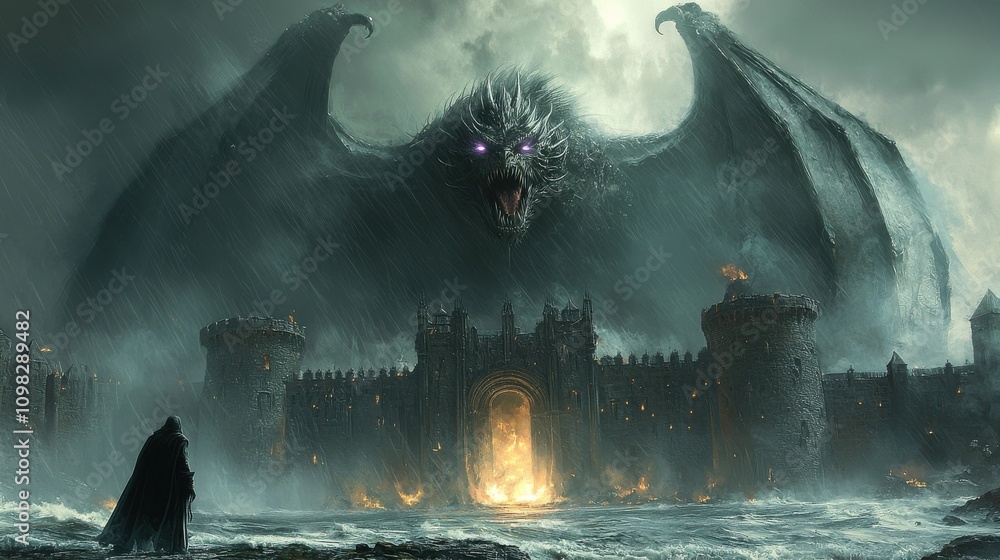 Epic battle with a monstrous shadow dragon at a medieval castle fantasy ...