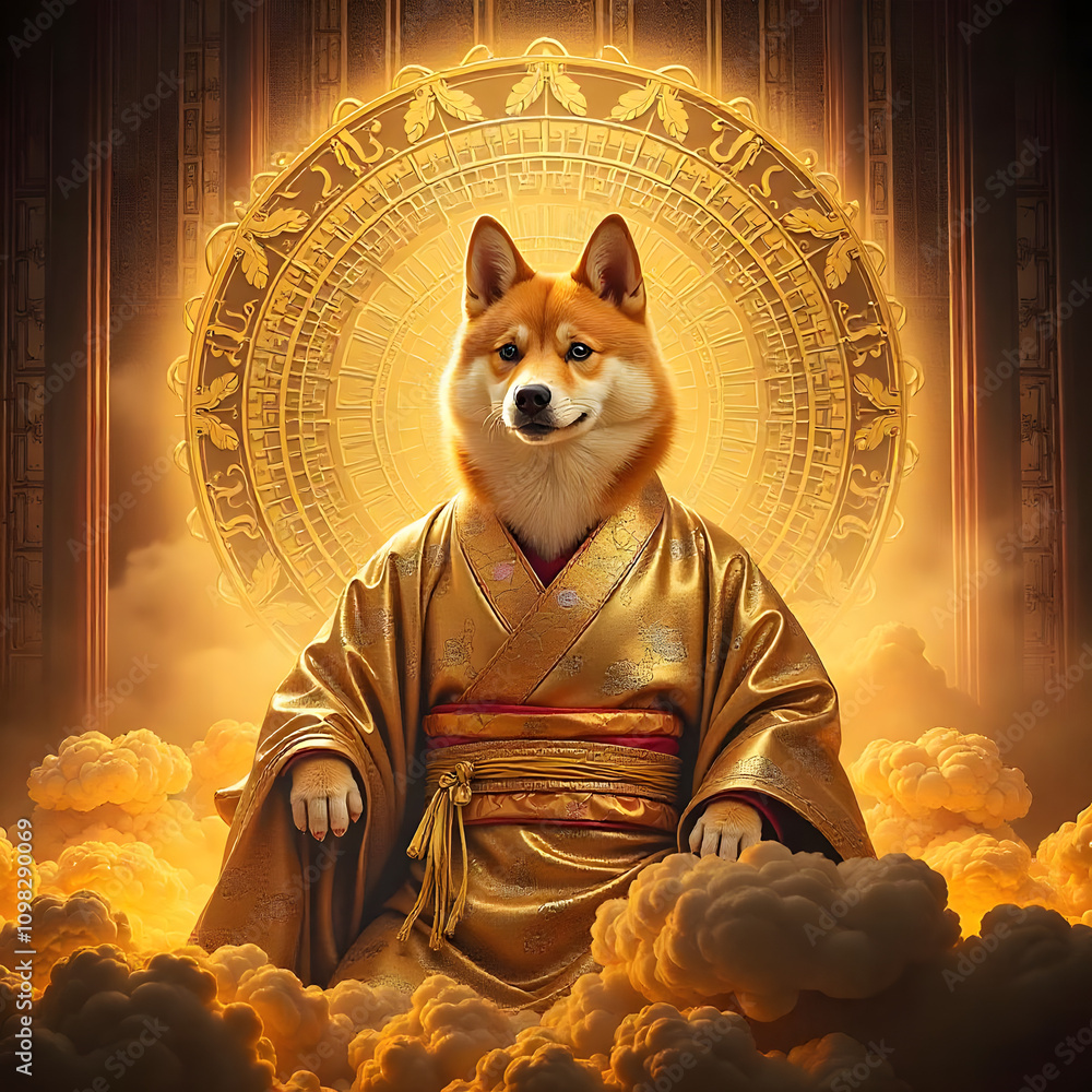 Photo of a meme dog coin dressed as a crypto god sitting on a cloud ...
