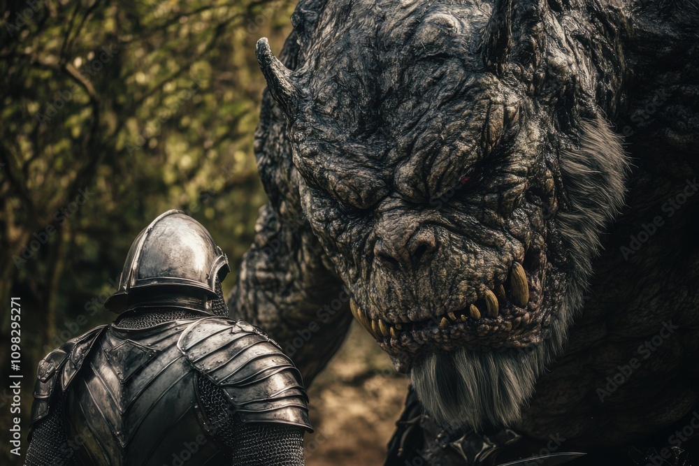 Armored knight facing a giant troll with highly detailed armor and ...