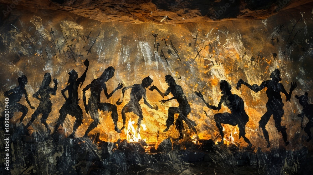 Prehistoric cave art human figures dancing and gathering around fire in ...