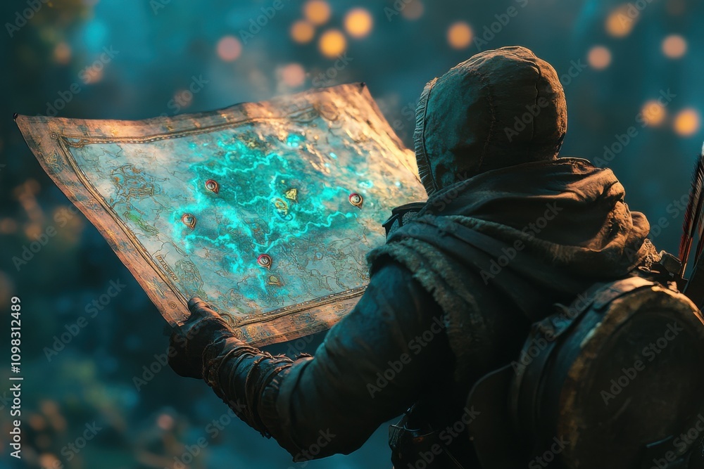 Photo Stock Character using a world map for navigation with detailed ...