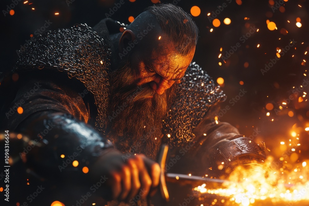 Dwarven blacksmith forging a legendary weapon with detailed metalwork ...
