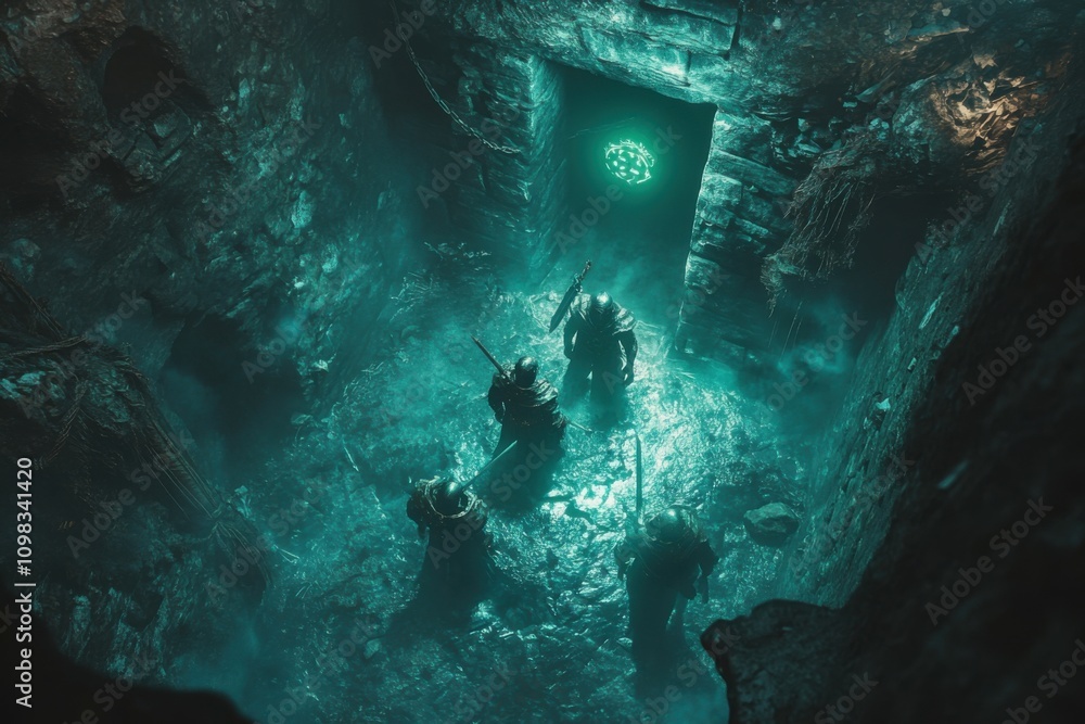 Party of adventurers entering a dungeon portal with visible group UI ...