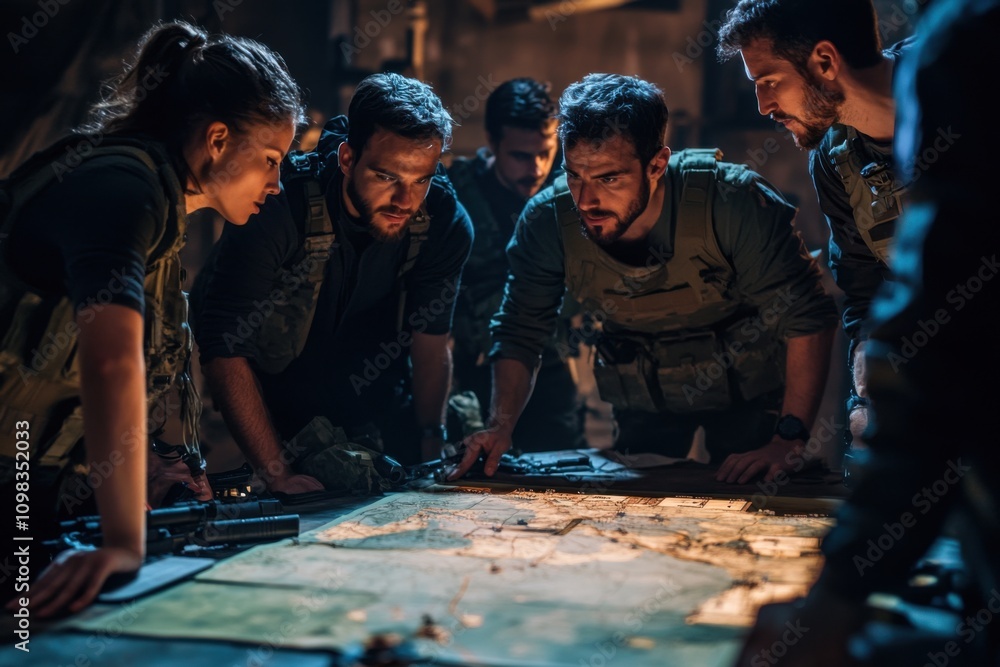 Raid group discussing strategy with map overlay with tactical map UI ...