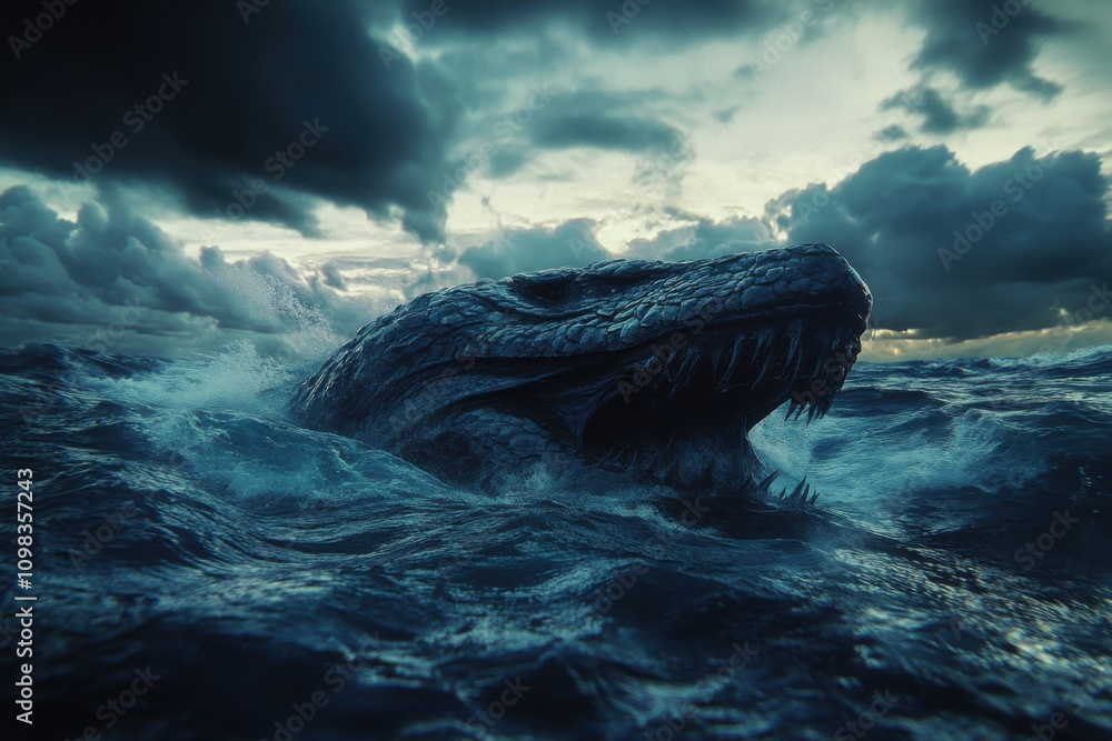 Titanic sea serpent emerging from the ocean with detailed scales and ...