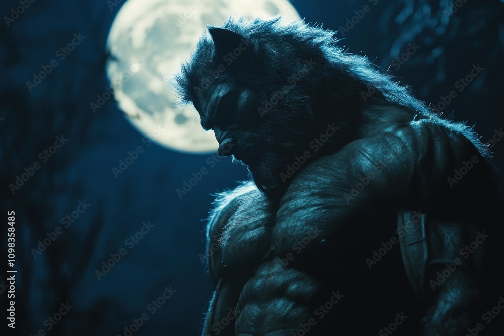 Werewolf transformation under a full moon with detailed fur and muscle ...