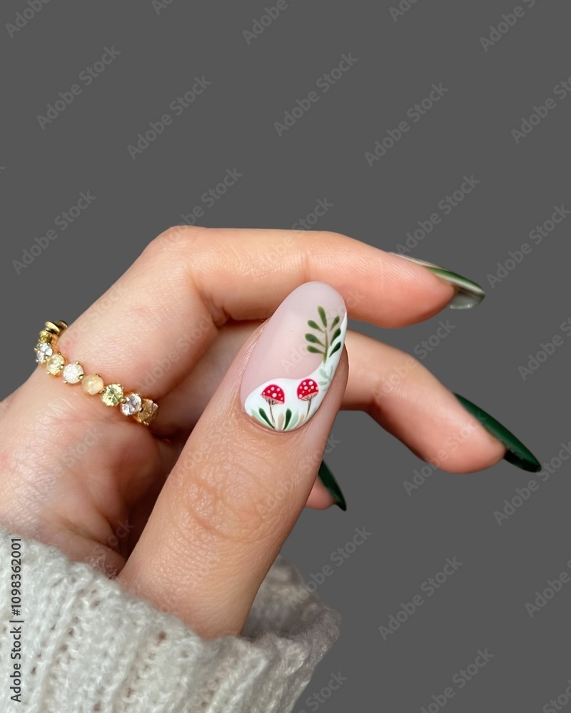 Green, white and red nail manicure with tree branch shape with woman's ...