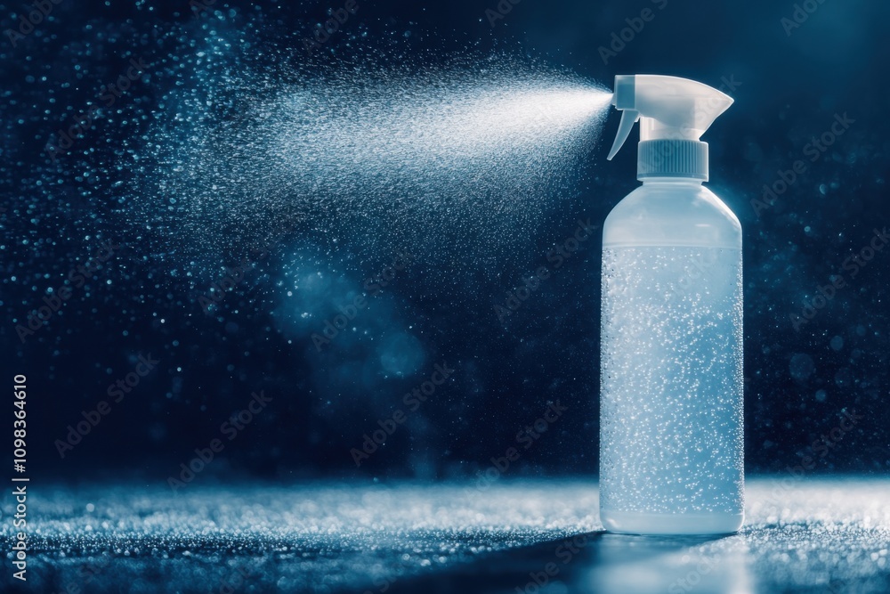 White plastic spray bottle with cool blue accent lighting, captured ...