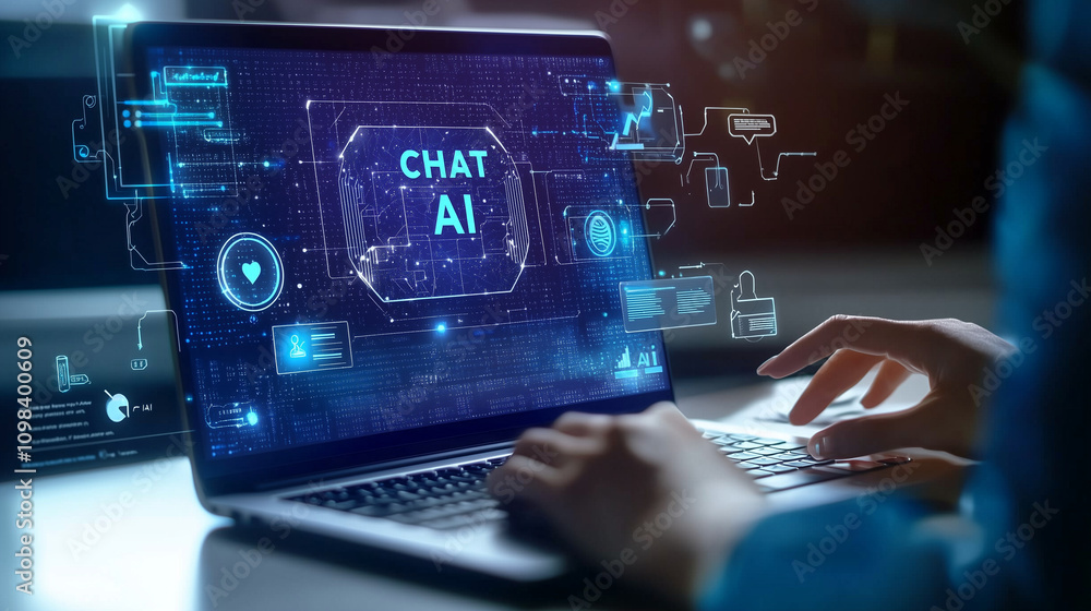 Person using a laptop computer chatting with artificial intelligence ...