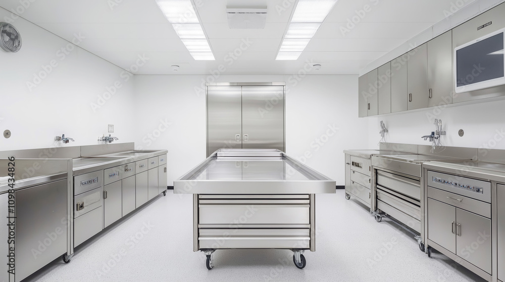 Modern mortuary featuring a stainless steel morgue table with drawers ...