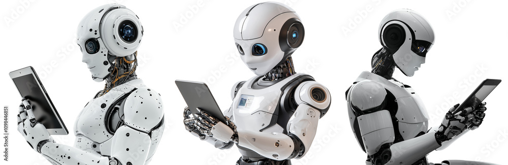 set of a Photograph of an AI robot holding and reading an iPad tablet ...