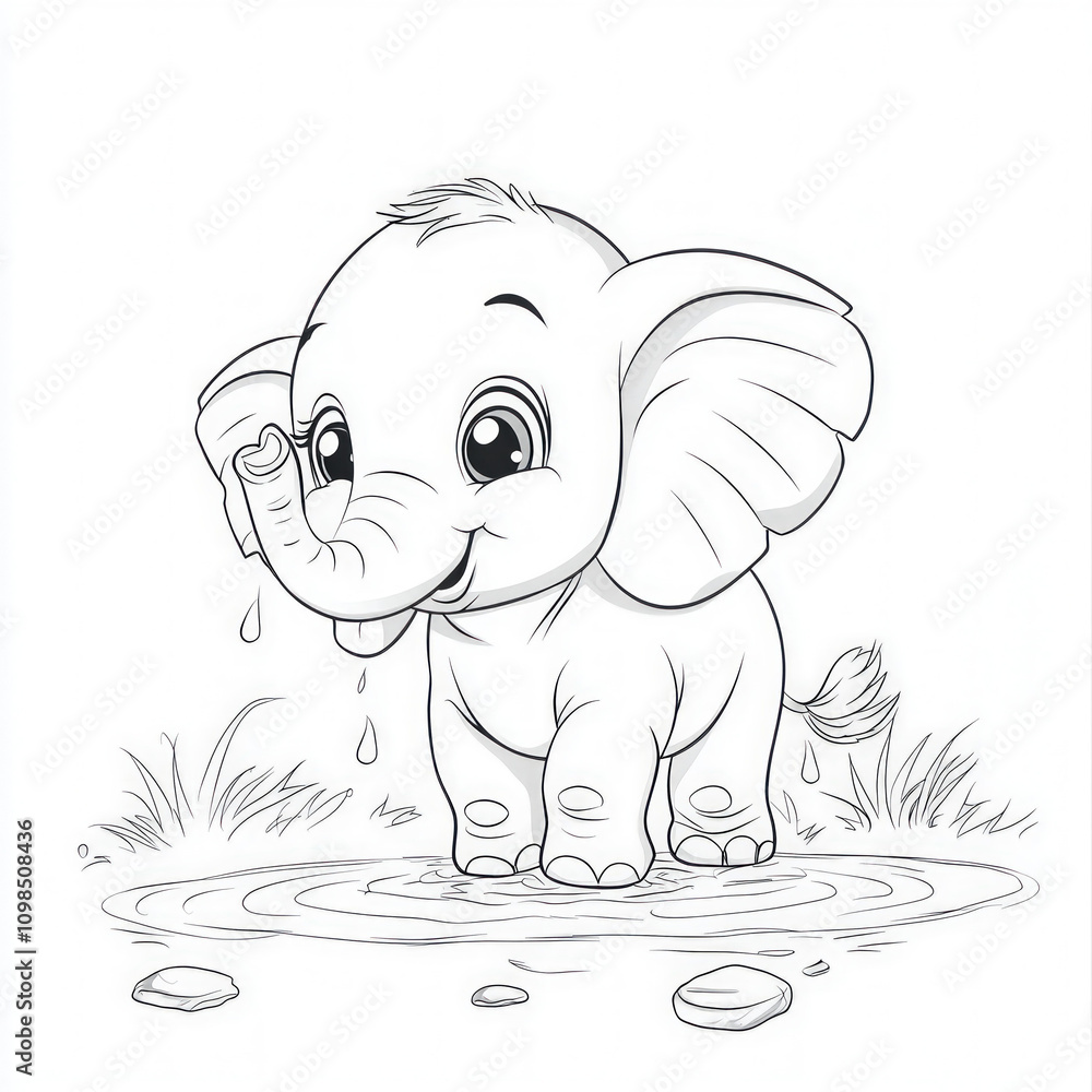 An adorable baby elephant splashing in a puddle, coloring page for kids ...