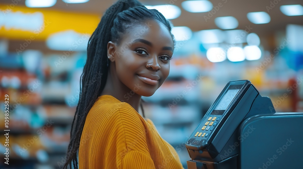 full body of black african woman cashier sitting in his box, in a super ...