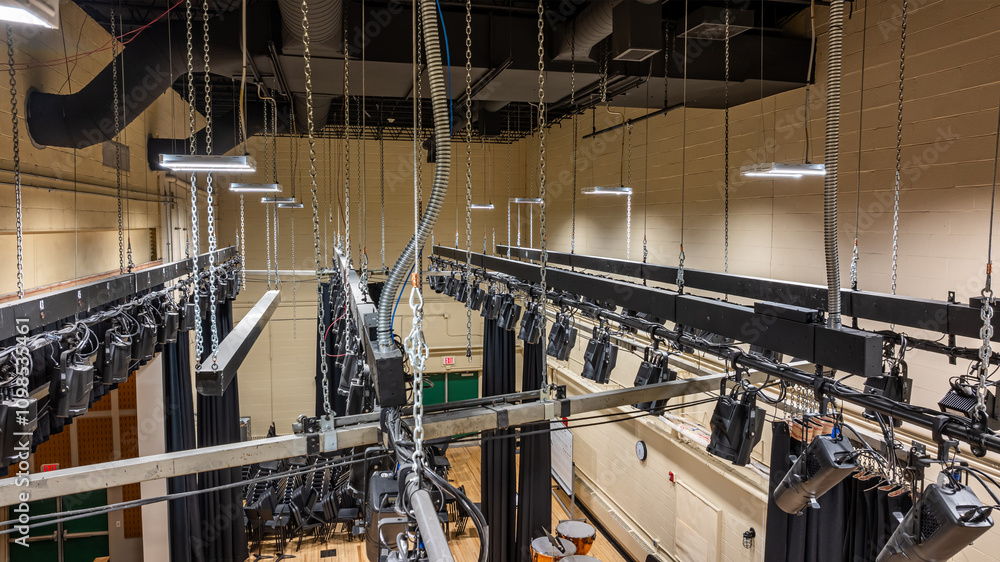 Stock-Foto „Theater stage rigging with theatrical equipment, lighting ...