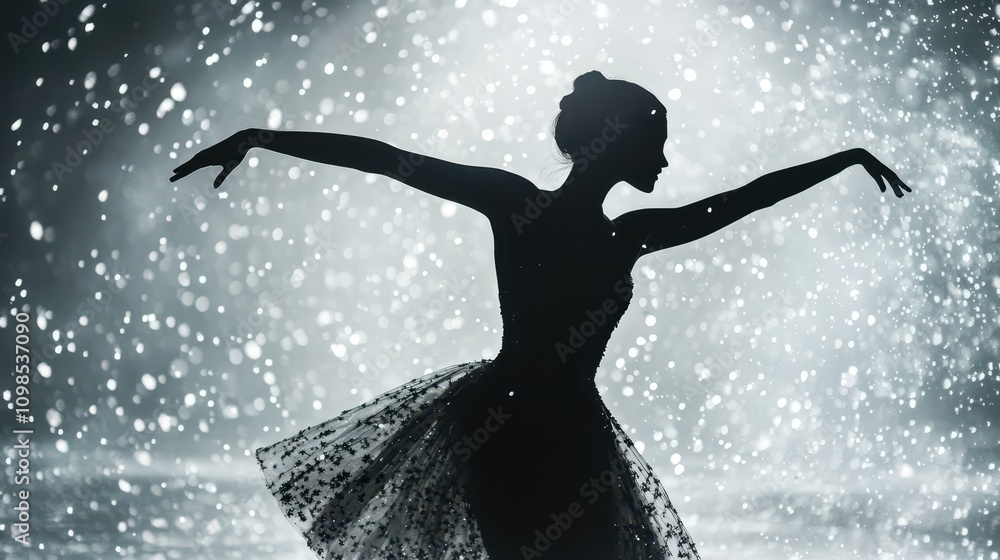 Silhouettes of ballet dancers amidst falling snow: Dramatic stage ...