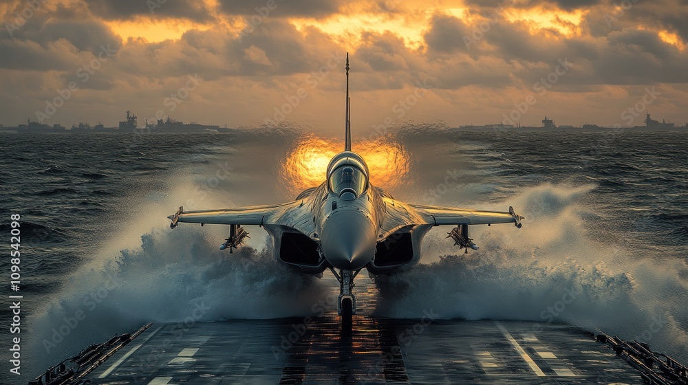 Gripen Fighter Jet Landing on Aircraft Carrier at Sunset Stock ...
