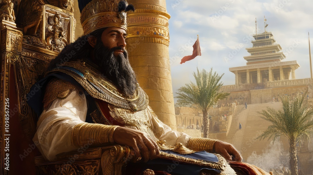 King Nebuchadnezzar II in Full Royal Regalia Seated on His Throne ...