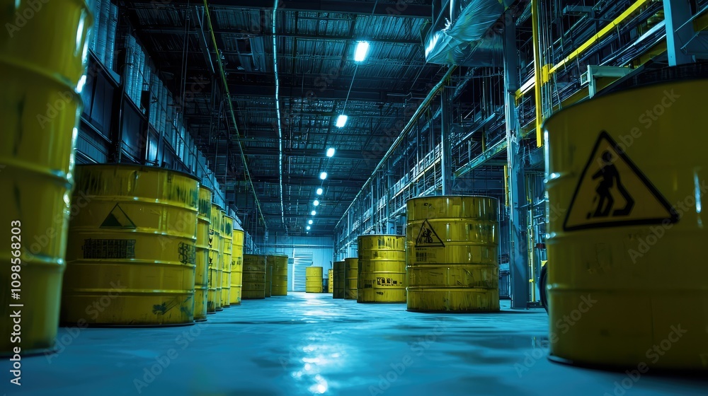 Industrial Storage Area Featuring Yellow Barrels Marked with Radiation ...