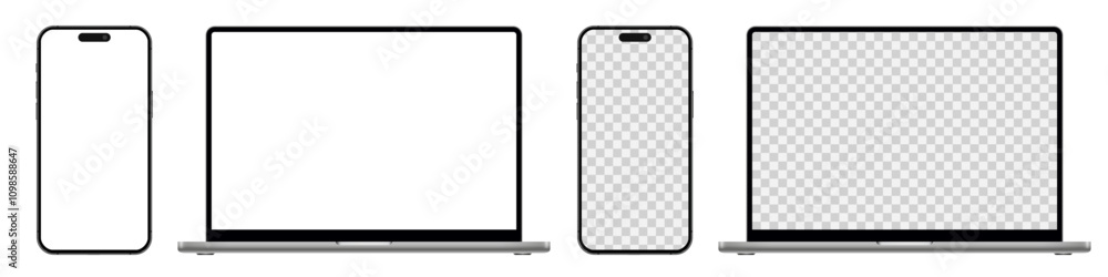 Laptop computer and smartphone with blank screen, modern mobile phone ...