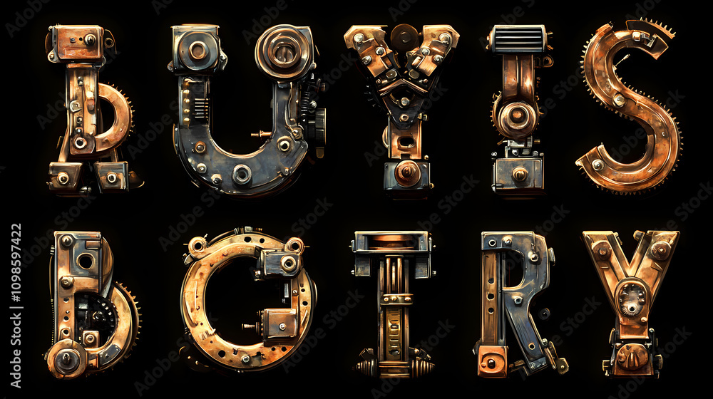 Steampunk font, letters from mechanics, alphabet font from gears and ...