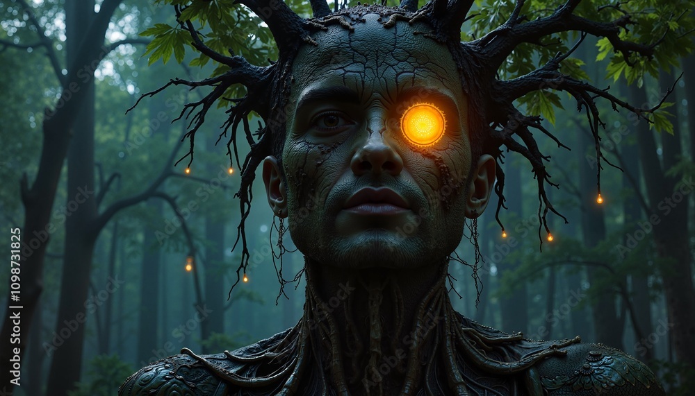 Mystical Forest Guardian with Glowing Eye and Tree-Like Features Amidst ...
