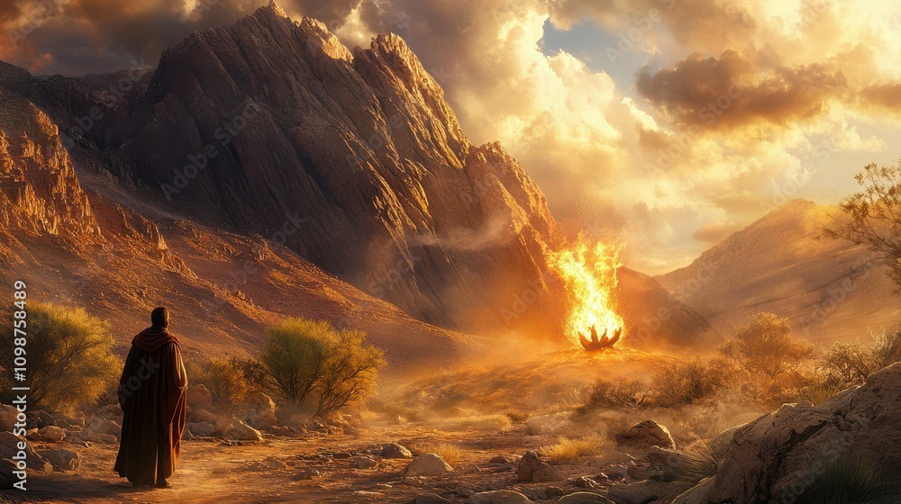 Moses stands in awe as the burning bush ignites against the rugged ...