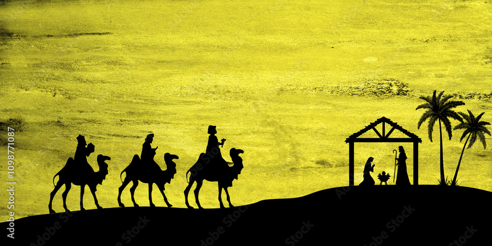 Christmas Nativity scene illustration. Three Wise Men go to the hut ... Christmas Nativity scene illustration. Three Wise Men go to the hut ...